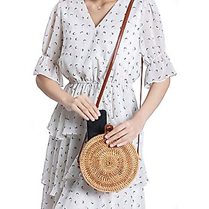 Handwoven Round Rattan Bag Shoulder Leather Straps Natural Chic Hand