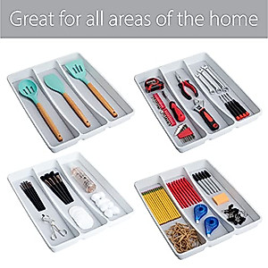 Smart Design 3-Compartment Plastic Drawer Organizer - Non-Slip Lining and Feet - BPA Free - Utensils, Flatware, Office, Personal Care, or Makeup Storage - Kitchen - White with Gray