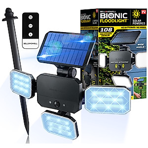 Bell+Howell Bionic Flood Light ASON TV, Solar Lights Outdoor Waterproof- 50% Brighter 108 COB-LED's w/Motion Sensor 180° Swivel, Adjustable Panels for Garden, Lawn and Patio As Seen On TV