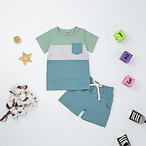 Toddler Boy Clothes 2T Baby Boys Summer Outfits Short Sleeve Patchwork Shirt & Shorts Set 2 Piece, Light Blue 2-3T/90cm