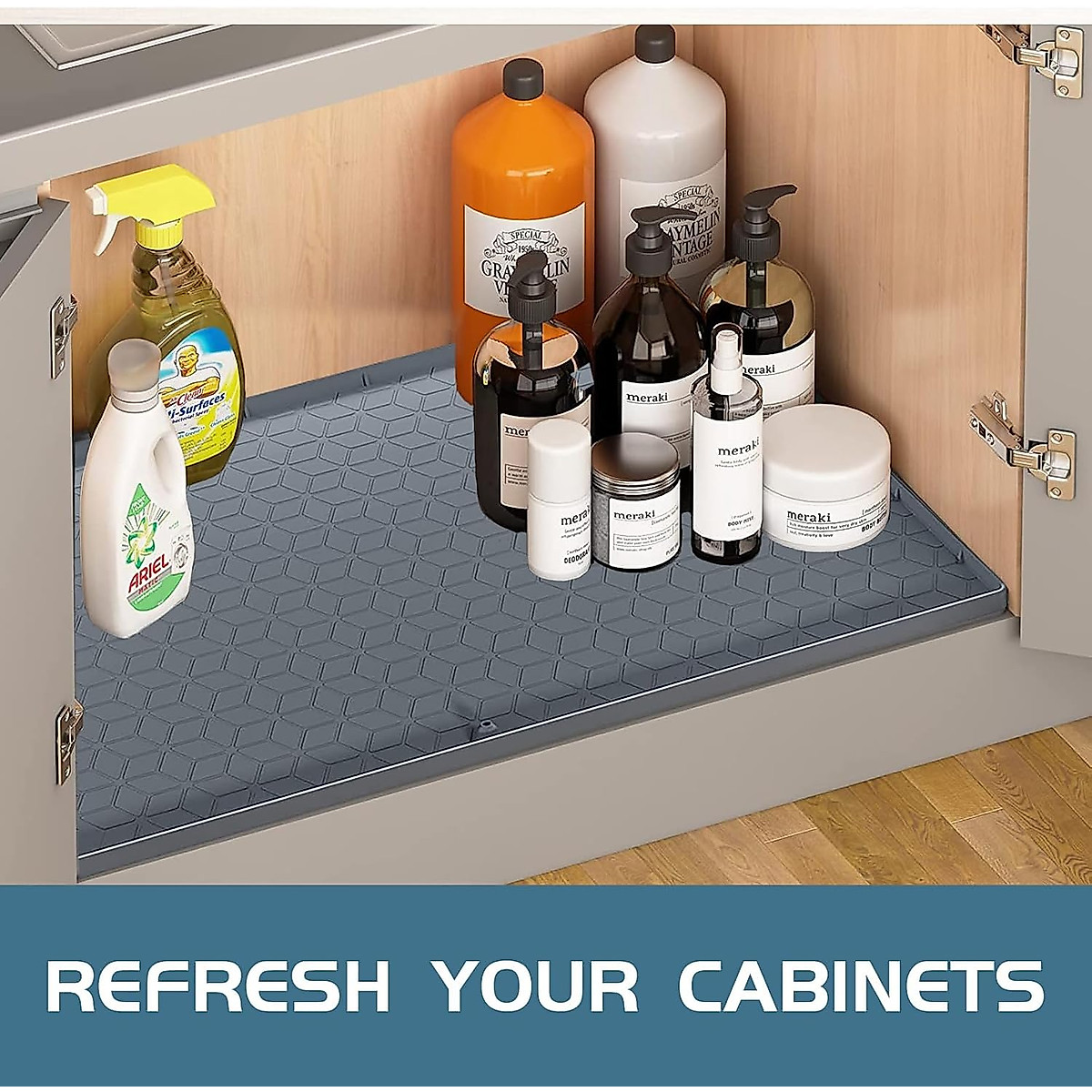 Under Sink Mat for Kitchen Waterproof ，34"x22" Silicone Under Sink Liner Drip Tray with Drain Hole ,Flexible Cabinet Mat and Protector for Kitchen Bathroom，Black