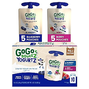GoGo squeeZ yogurtZ Variety Pack, Berry, Blueberry, 3 oz. (10 Pouches) - Kids Snacks Made from Real Yogurt & Fruit - Pantry Friendly Snack, No Fridge Needed - No Preservatives - Kosher Certified - Gluten Free Snacks for Kids