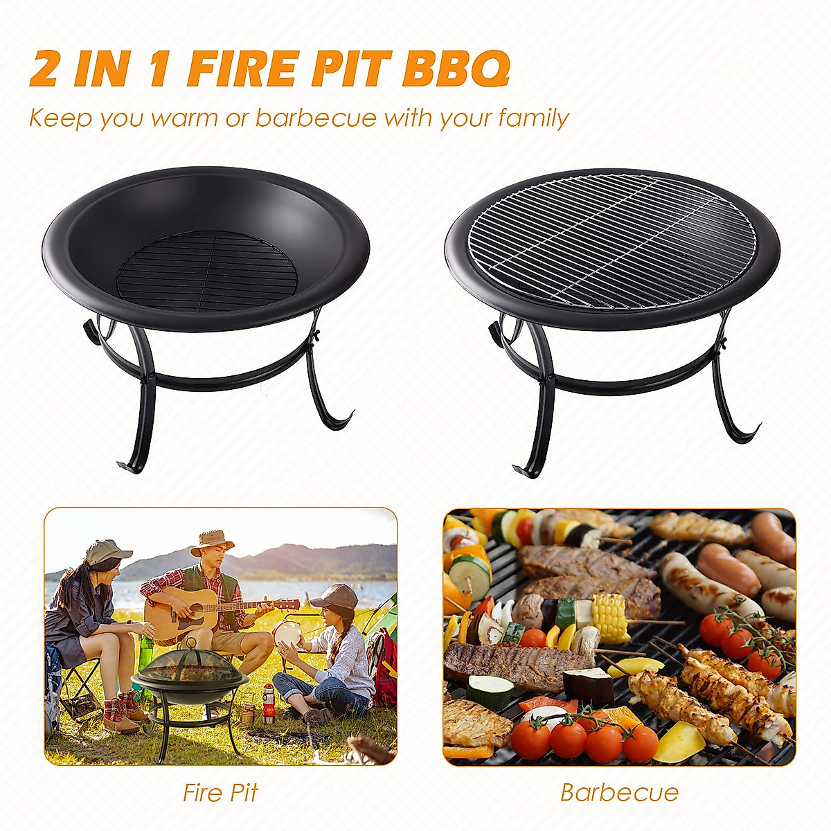 SOBEIT 2 in 1 Fire Pit with BBQ Grill, Outdoor Wood Burning Fire Pit with Spark Screen & Fire Poker, Portable Fire Pit Bowl for Outside Garden Patio(Black, 22inch)