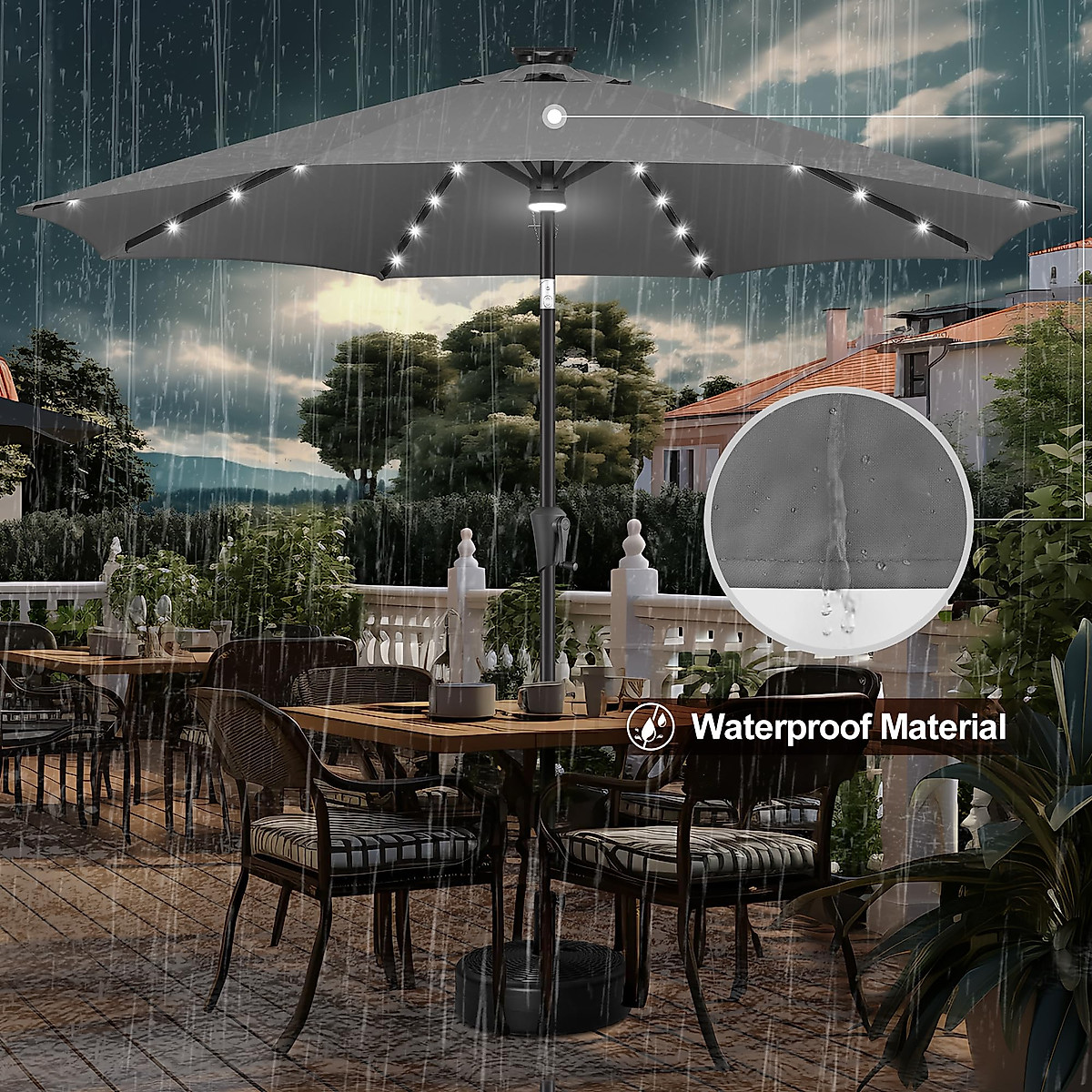 FLAME&SHADE 11 ft Solar Powered Outdoor Market Patio Table Umbrella with LED Lights and Tilt, Anthracite
