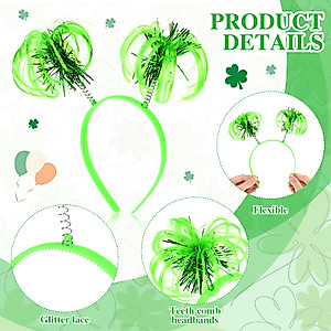 12 Pcs St. Patrick's Day Costume Set Green Headband Tinsel Wrapped Ponytails Headbands Rimless Transparent Heart Glasses Heart Shape Sunglasses for Girls Kids Women Men