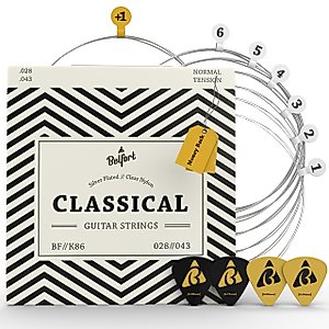BELFORT® guitar strings classical guitar, strings for classical guitar made of nylon and silver, acoustic guitar (6-string set) - Incl. 4 picks + extra high E-string (028//043) (028//043)