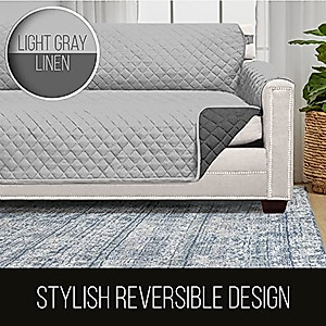 Sofa Shield Patented Couch Cover, Large Furniture Protector with Straps, Reversible Tear and Stain Resistant Slipcovers, Quilted Microfiber 70” Seat, Washable Covers for Dogs, Kids, Lt Gray Charcoal