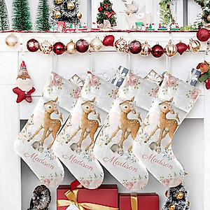 Yeshop Deer Bunny Floral Pink Woodland Personalized Christmas Stockings with Name 1 Pc for Adult Kids Baby Pets, Custom Large Family Stockings for Girl Boy Christmas Xmas Holiday Decorations Gifts
