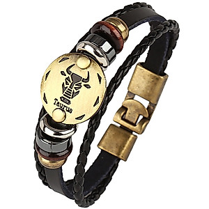 Hamoery Punk Alloy Leather Bracelet Constellation Braided Rope Bracelet Bangle Wristband(Taurus)