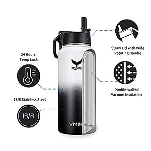 Vmini Water Bottle with New Wide Handle Straw Lid, Wide Mouth Vacuum Insulated 18/8 Stainless Steel, 32 oz, Gradient White + Black