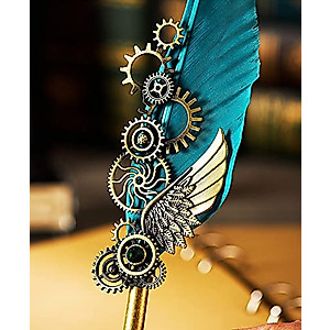 Jubapoz Feather Pen Calligraphy Pen and Ink Set Antique Quill Pen Refillable Ink Dip Pens for Writing, Drawing, Signature, Wedding, Birthday Gifts, Retro Decoration (Green)