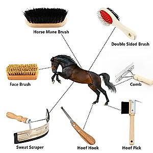 Surfante Horse Grooming Kit with Tote 8Pcs,Horse Cleaning Tool Set,Horse Brushes Set,Horse Sweat Scraper,Mane Comb with Storage Bag