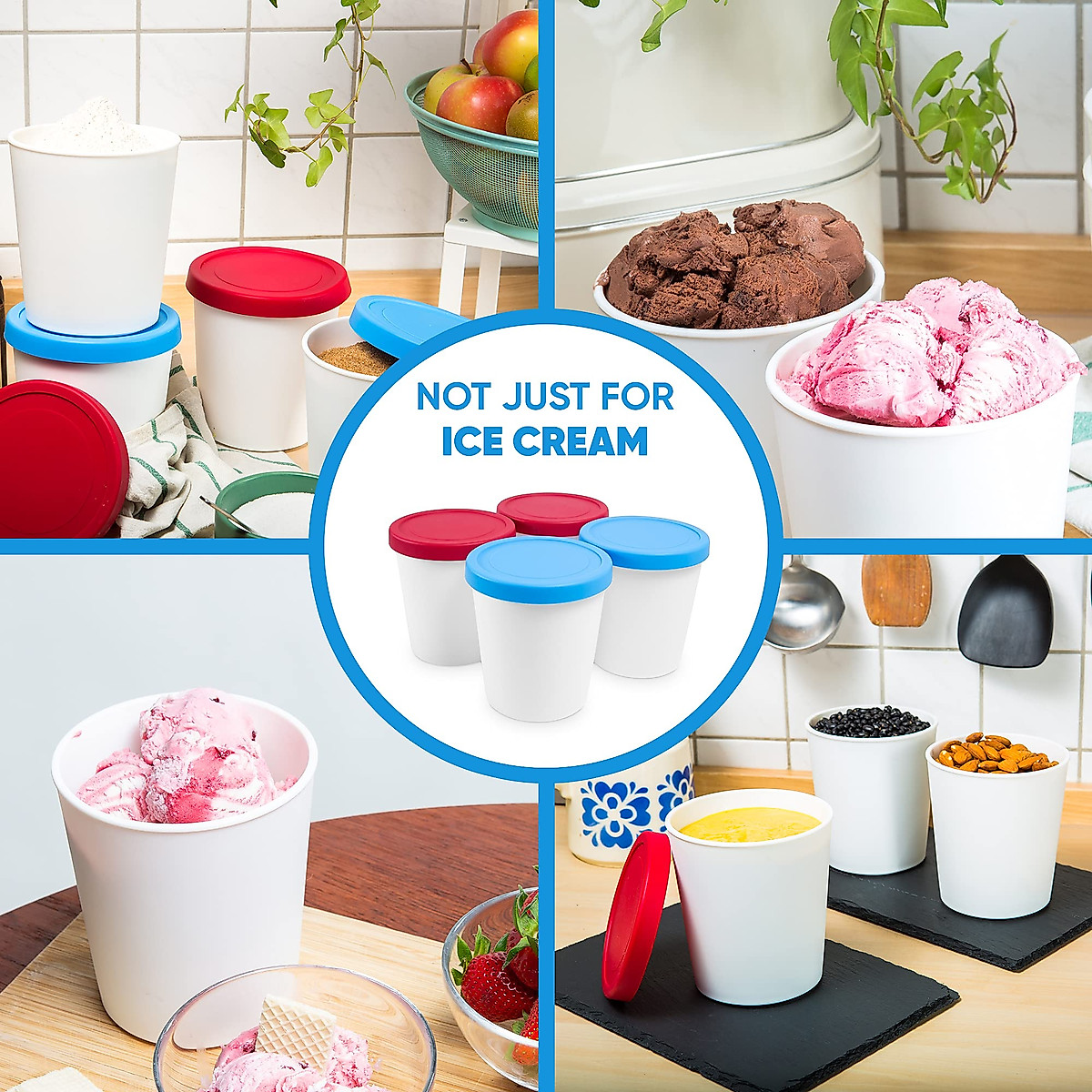 LIN Ice Cream Containers 4-Pack - 1Quart Reusable Round Storage Tubs for Homemade Ice Cream, Dessert, Gelato, Sorbet, 2 Red & 2 Blue Silicone Lids - Non-BPA Plastic Containers - Dishwasher-Safe - No Freezer Burn