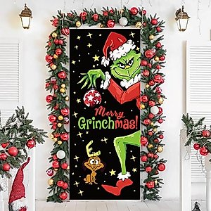 Grinch Door Cover Decorations for Christmas - Holiday Backdrop Banner for Front Door - Outdoor and Indoor Winter Party Decor
