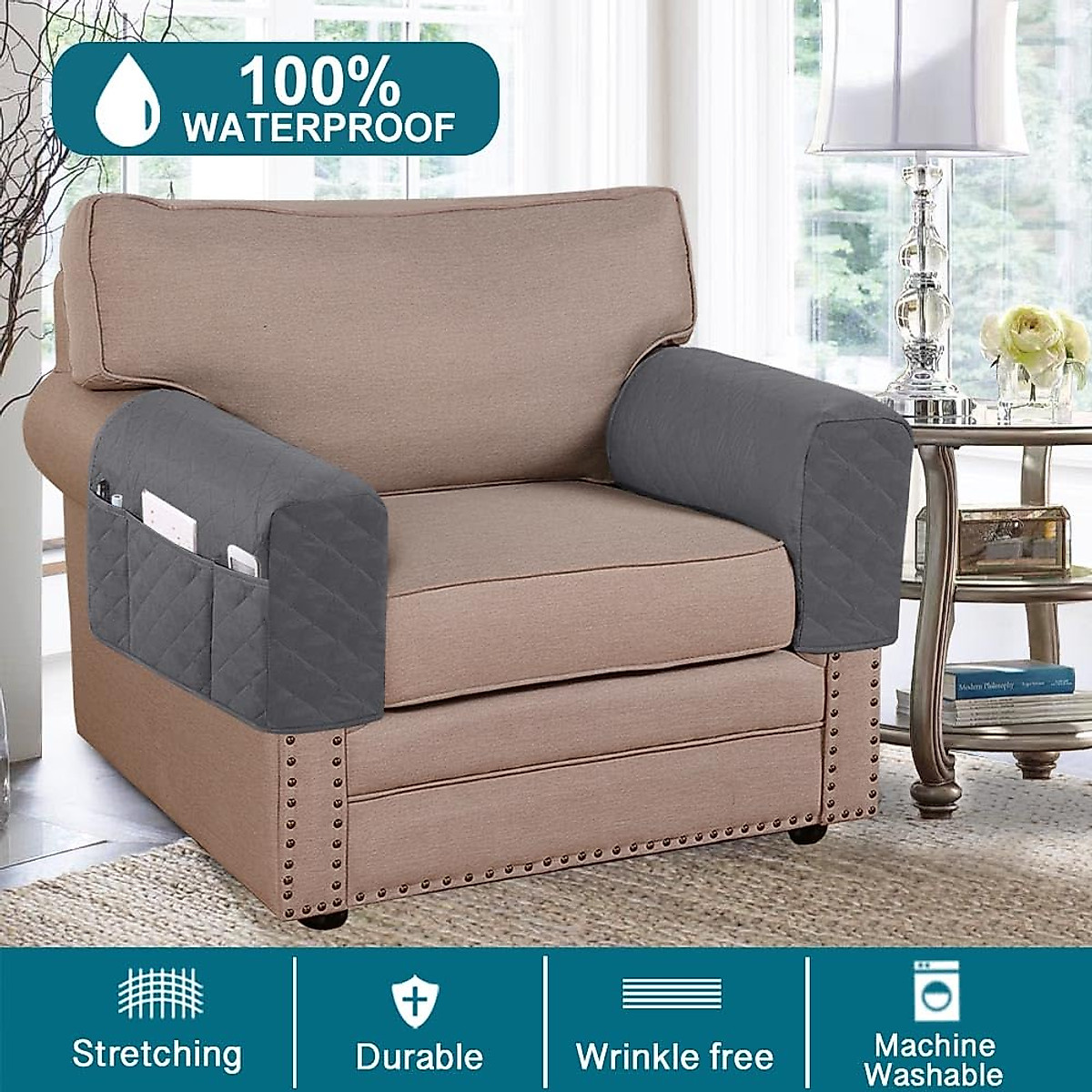 Turquoize 2 Pack Waterproof Armrest Covers for Chairs and Sofas Couch Arm Covers for Sofa Armrest Covers with Side Pocket Anti-Slip Furniture Protector Washable Armrest Slipcovers Set of 2, Gray