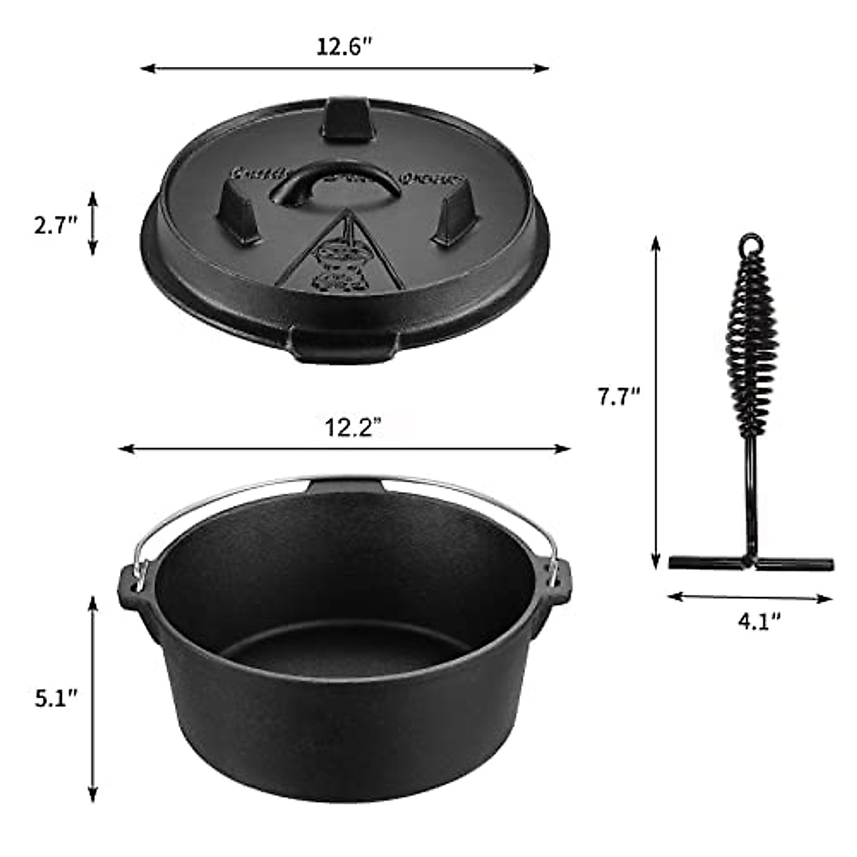 SHYIS Camping Dutch Oven,9 Qt Pre-Seasoned Camping Cookware Pot With Lid - Lid Lifter,Cast Iron Deep Pot with Metal Handle for Camping Cooking BBQ Baking Campfire Modern Black