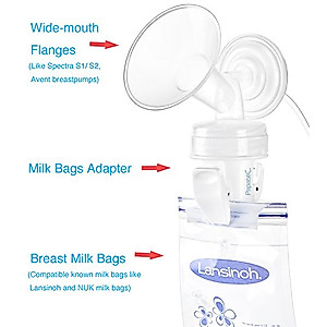 Papablic Breastmilk Storage Bag Adapters for Spectra S1 S2, Avent Comfort Wide Mouth Flanges to Pump into Lansinoh, NUK breastmilk Storage Bag