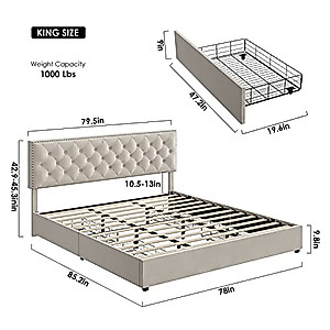 HOSTACK King Size Bed Frame with 4 Storage Drawers, Modern Upholstered Platform Bed with Adjustable Headboard,Button Tufted Bed Frame with Wood Slat Support,No Box Spring Needed(Beige, King)