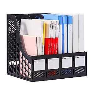 Comix Magazine File Holder, Sturdy Plastic Desk Organizers and Storage File Folder for Office Organization, Binder Organizer with 4 Compartments Storage Organiser Box, Black