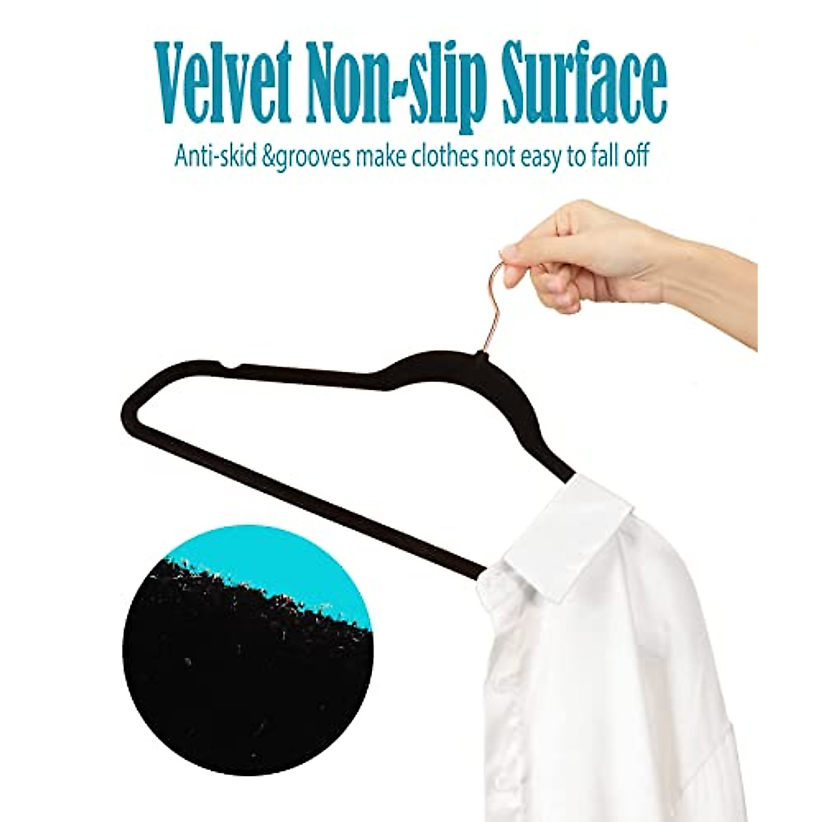 Smartor Velvet Hangers 50 Pack, Black Felt Hangers Non Slip with Rose Gold Hook, Premium Felt Hangers for Adult, Heavy Duty Velvet Hanger for Coat, Suit, Short, Skirt, Dress (Black)