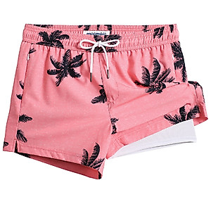 maamgic Mens Swim Trunks with Compression Liner Short Stretch Mens Bathing Suit Quick Dry Swimming Trunks Swimsuit Plamtree Pink Large