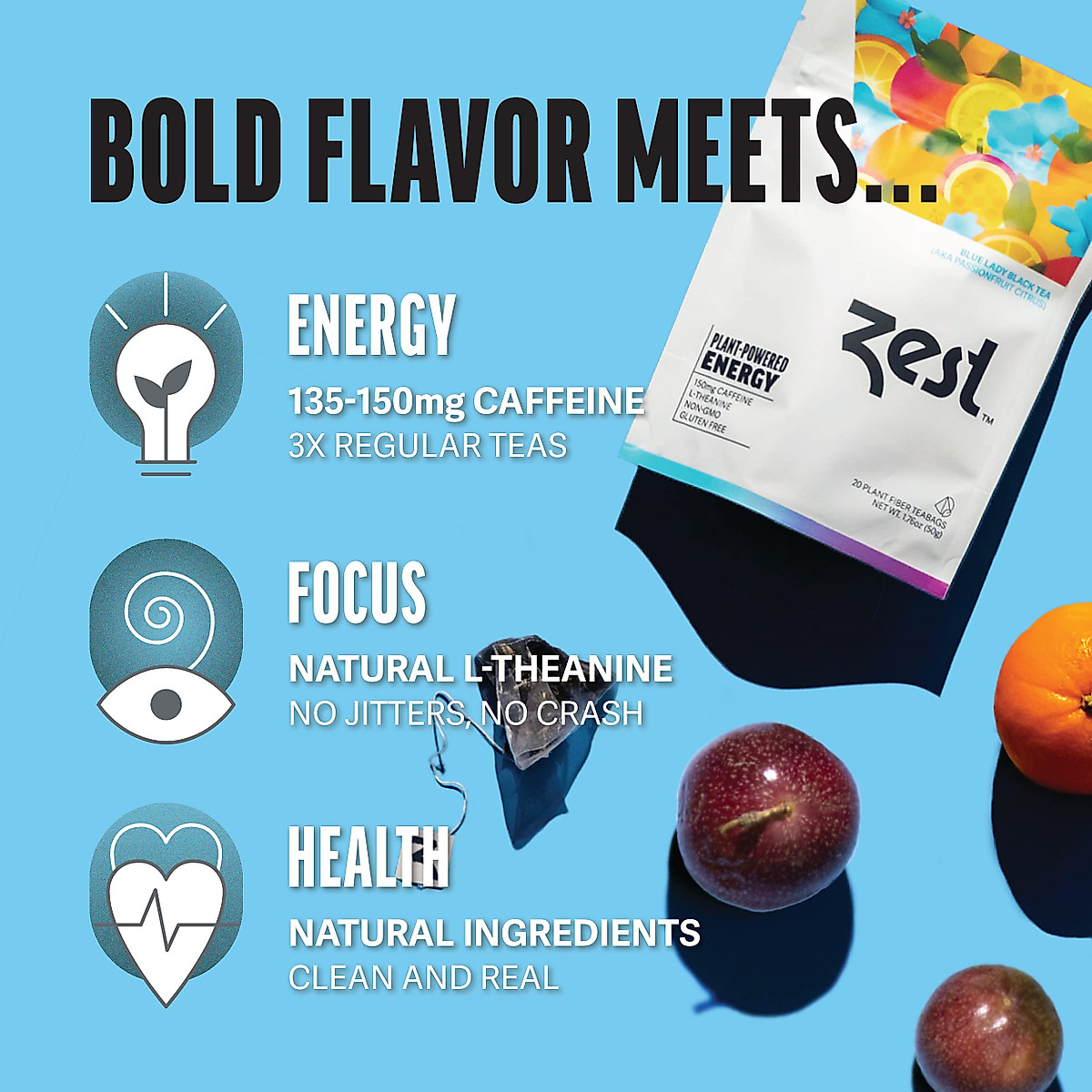 Zest 135-150mg High Caffeine Energy Leaf Blends - Variety Sampler Pack - Black Tea & Green Tea - 80 Tea Bags - Natural Strong Flavored Healthy Coffee Alternative Highly Caffeinated Keto Substitute