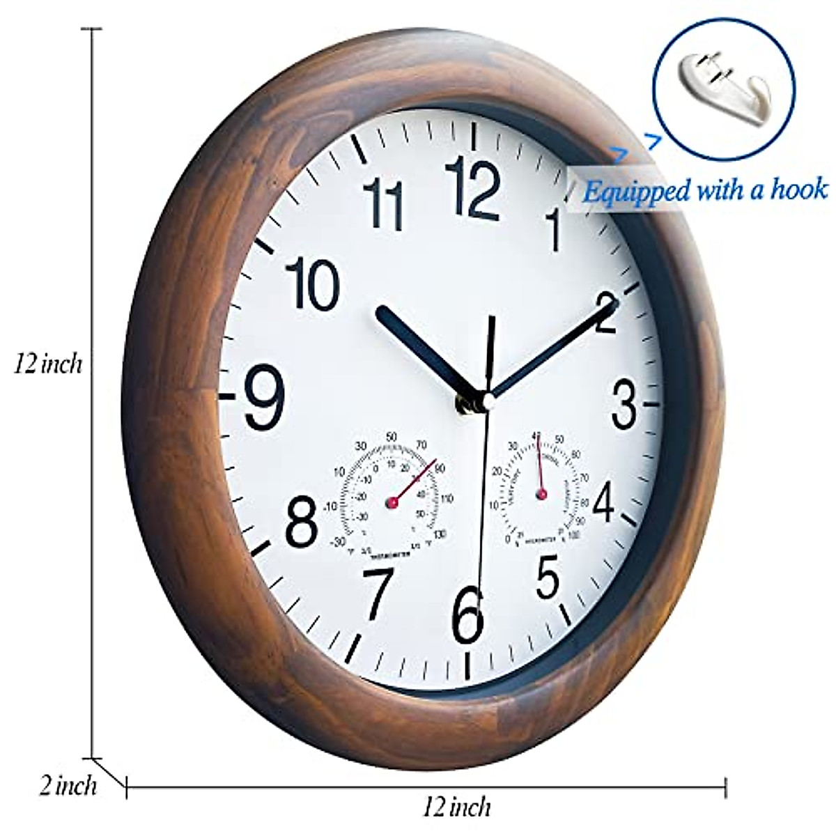Reynoe Wooden Wall Clock with Temperature and Humidity, 12 Inch Brown, Large Numbers for Room Decor