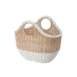 Kouboo Oval Tote Wicker, Natural and White Decorative Storage Basket, One Size, Multi Color