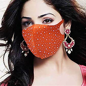 UOUDIO Rhinestone Crystal Face Mask， Masquerade Fashion Bling Mask for Women，Reusable (Red orange grey white purple green)
