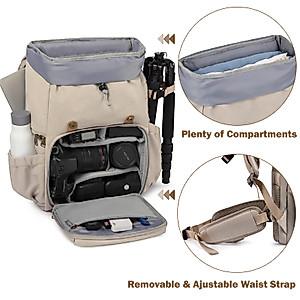 BAGSMART Camera Backpack, DSLR Camera Bag, Waterproof Camera Bag Backpack for Photographers, Fit up to 15" Laptop with Rain Cover and Tripod Holder, Ivory White