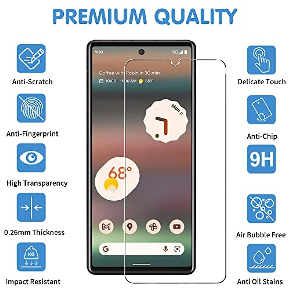 [3+3 Pack] Glass Screen Protector for Google Pixel 6a 5G, 9H Tempered Glass, Fingerprint Compatible,HD Clear Case Friendly Anti Scratch