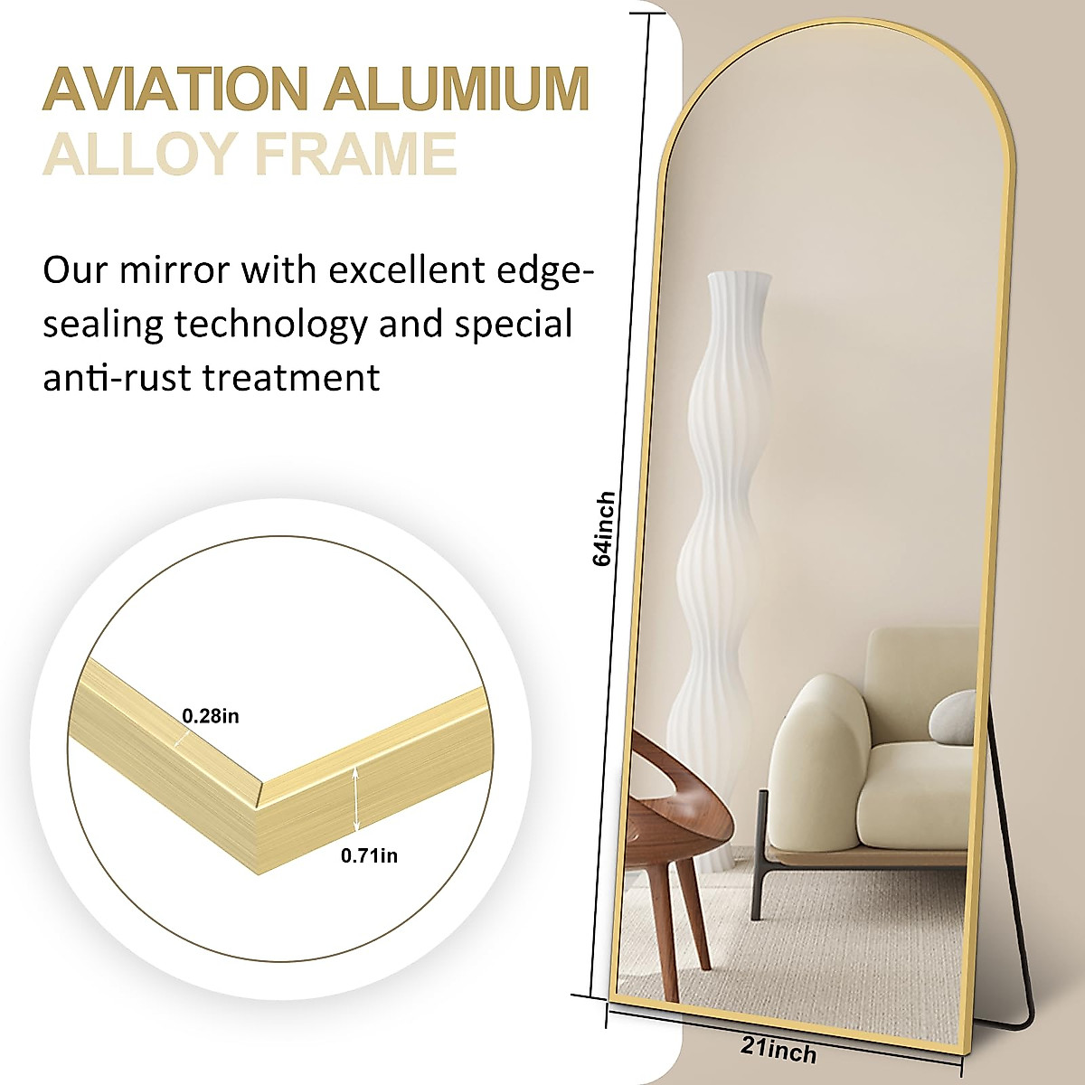 64"x21" Arched Full Length Mirror Gold Floor Mirror with Stand, Aluminium Metal Frame for Wall Mounted Full Body Mirror Leaning Body Mirror Hanging Wall Mirror for Bedroom Living Room Dressing Mirror