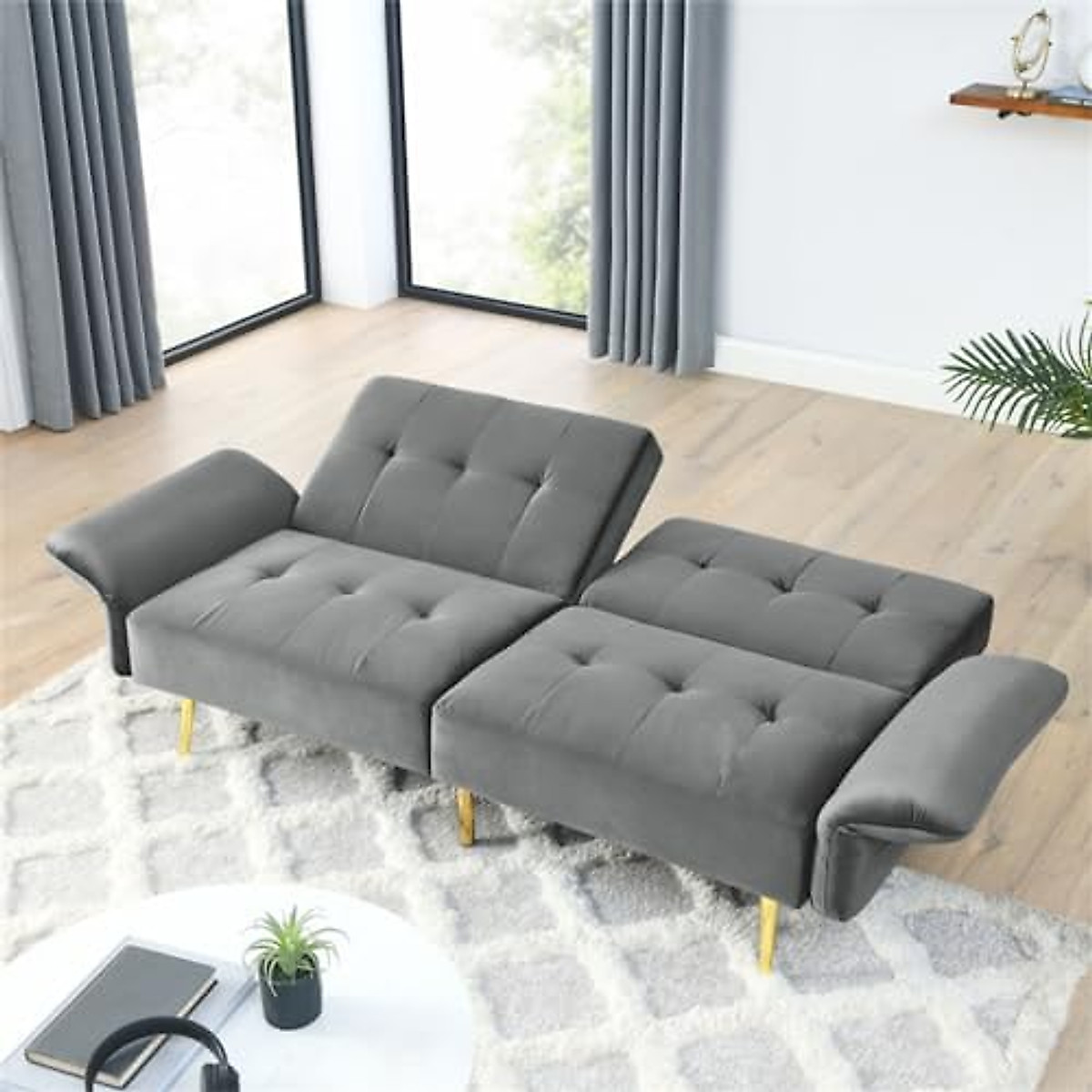 JFUYJK 78" Velvet Futon Sofa Bed, Convertible Sleeper Loveseat Couch with Folded Armrests and Storage Bags Gray