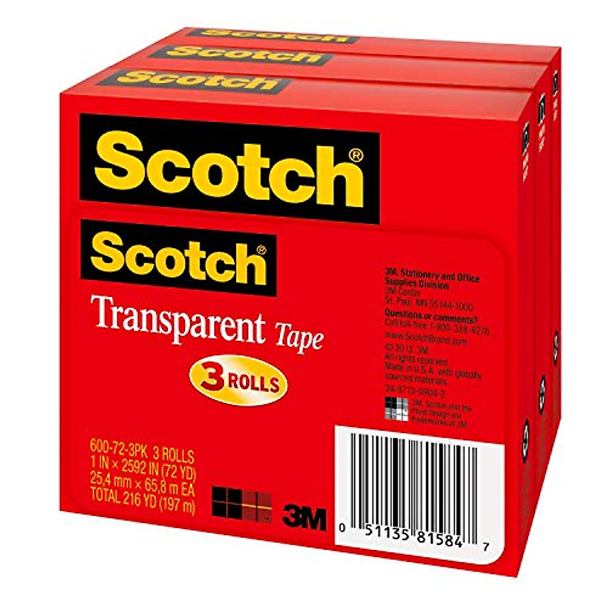 Scotch Transparent Tape, 3 Boxes, 1 in x 2592 in (600-72-3PK)