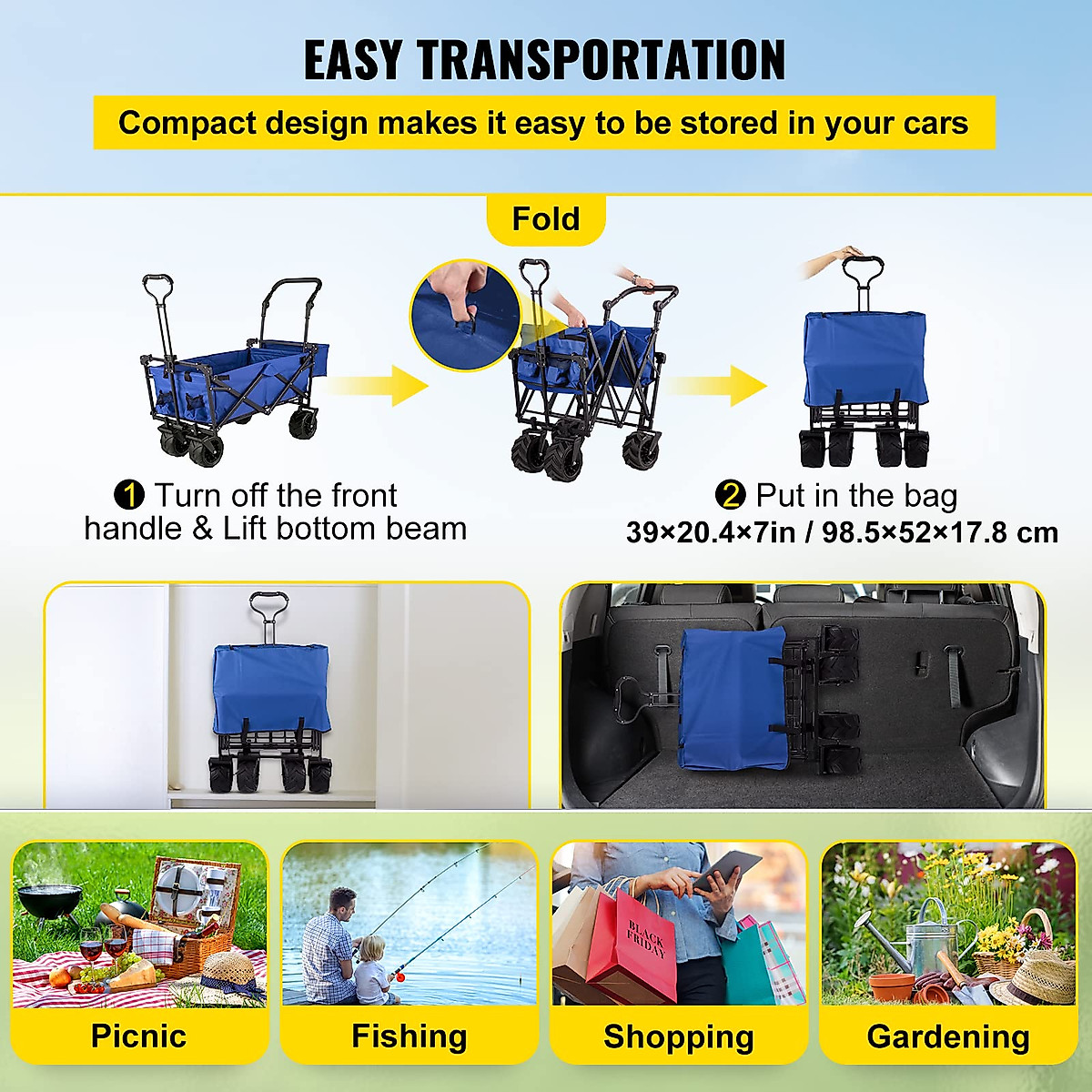 HAPPYBUY Extra Large Collapsible Garden Cart/Wagon with Removable Canopy, 220lbs Capacity Push& Pull Utility Cart with Rear Storage; Upgrad Padded Cotton 600D OxfortSecure Lock (40IN40IN20IN, Blue)