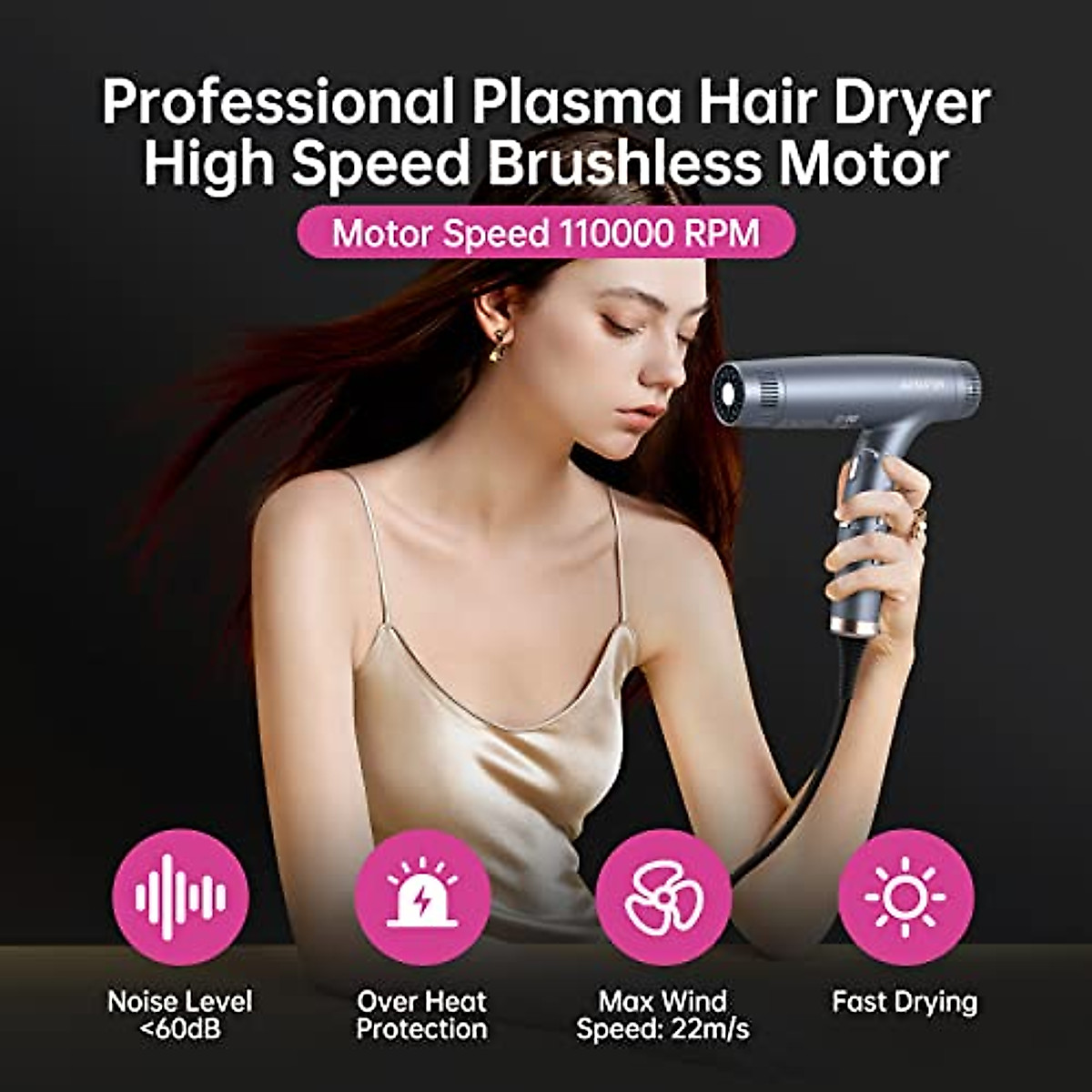 Arsupen Professional Hair Dryer with Powerful Brushless Motor, Lightweight Foldable Dual Ionic Blow Dryer, High Speed for Fast Drying with Magnetic Nozzle, 12 Modes, Super Quiet, for Travel Salon Home