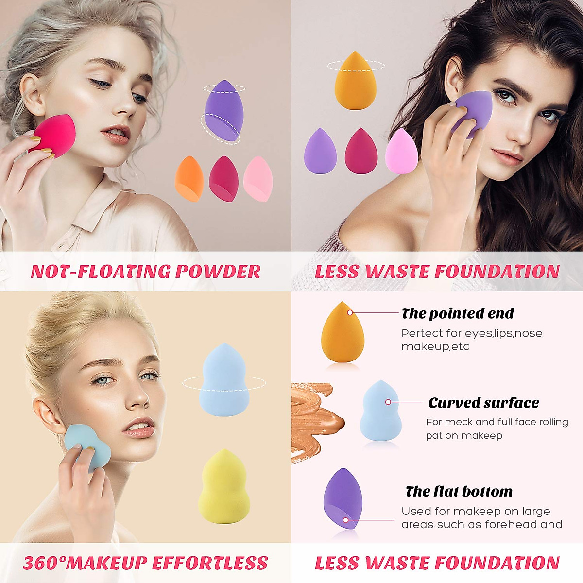 Makeup Sponges Blender Set Beauty Foundation Blending Egg Stand, Cosmetics Sponge Blender Applicators for Powder Cream or Liquid, 10pcs Beauty sponges and 2pc Makeup Sponges Holders