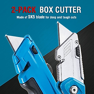 KATA 2Pack Utility Knife Box Cutter Retractable Folding Razor Knife Set Heavy Dudy Safety Cutter, 10pcs SK5 Sharp Blades Included, Blue