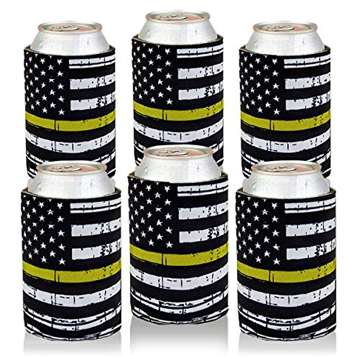 Can Cooler Sleeves USA Thin Yellow Line Flag Can Coolies Bulk Drink Beer Can Insulator Covers Collapsible Can Wraps 6Pc