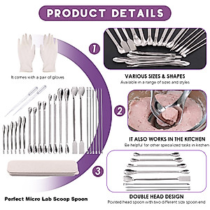 Swpeet 74Pcs Stainless Steel Micro Lab Scoop Spoon Lab Spatulas with 3ML Plastic Transfer Pipettes Kit, Pill Filler Tamper Tool Micro Spatula Steel Spoon Reagent Mixing Spatula Long Sampling Spoon