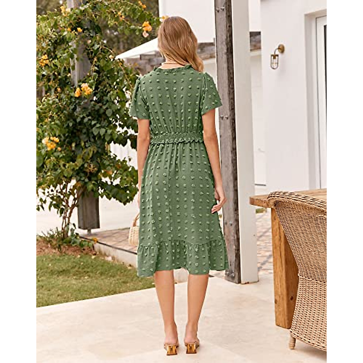 BTFBM Elegant Short Sleeve V Neck Swiss Dot Midi Summer Dresses for Women 2023 Boho Ruffle Long Dresses Ruffle Cocktail Dress（Solid Green,X-Large