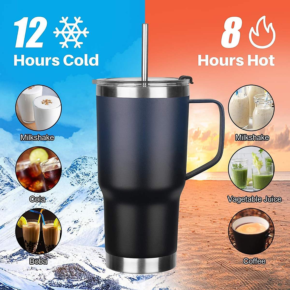 GUDEMAO 20 oz Stainless Steel Tumbler with Handle, Double Wall Vacuum Insulated Coffee Mug Tumbler with Lid and Straw, Thermal Cup for Cold and Hot (Blue Black)