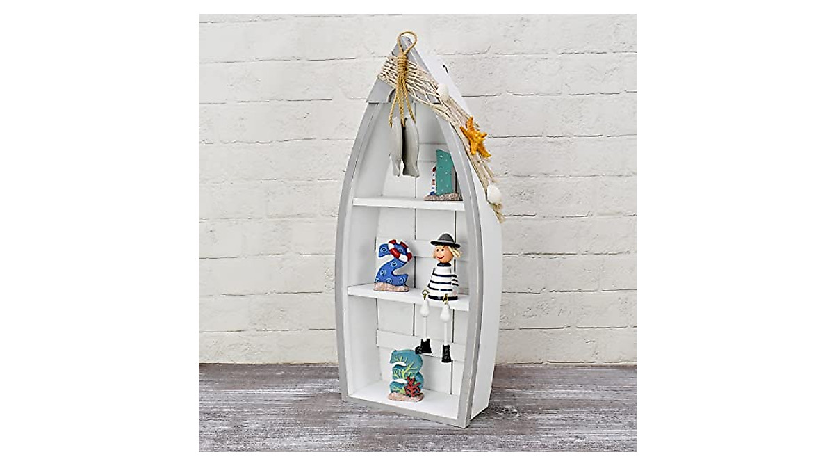 Coastal Wood Boat Shelf Decor - Beach Theme Nautical Accent