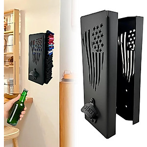 Oocpin 2024 Can Cooler Holder with Bottle Opener, Wall Mounted Can Cooler Holder, Ergonomic Magnetic Metal Can Cooler Dispenser, 2 in 1 Can Cooler Holder for Home Bars (Flag 16in), Black
