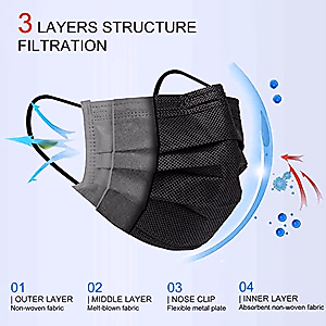 ZD Black Disposable Face Masks 100 Pcs, Breathable Face Mask for Men Women, 3- Ply Comfortable Filter Protection Adult Masks with Adjustable Nose Wire & Elastic Ear Loop