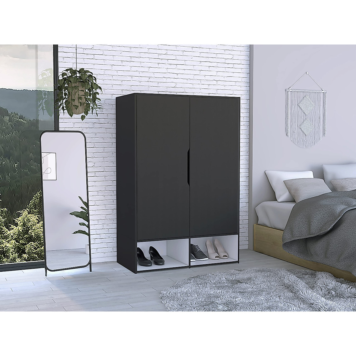 Bamboo Armoire with Double Door Cabinets, 6 Inner Shelves, 2 Open Shelves, and Hanging Rod, Black/White