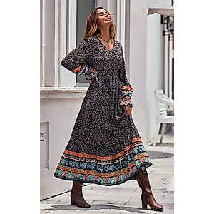 PRETTYGARDEN Long Sleeve Dress for Women - V-Neck Casual Boho Floral Vintage Fall Long Maxi Dresses (Black,X-Large)