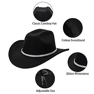 Women-Rhinestone-Western-Cowboy-Hats - Vintage-Wide-Brim-Cowgirls-Hat Bling-Diamond-Hat for Disco Music Party M/L Black