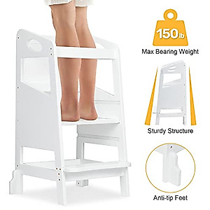 Toddler Kitchen Stool Helper, RONIPIC Toddler Standing Tower with Safety Rail, Kids Wooden Kitchen Step Stool, 3 Heights Adjustable Learning Tower for Kitchen Counter & Sink, Chalkboard, Anti-Slip