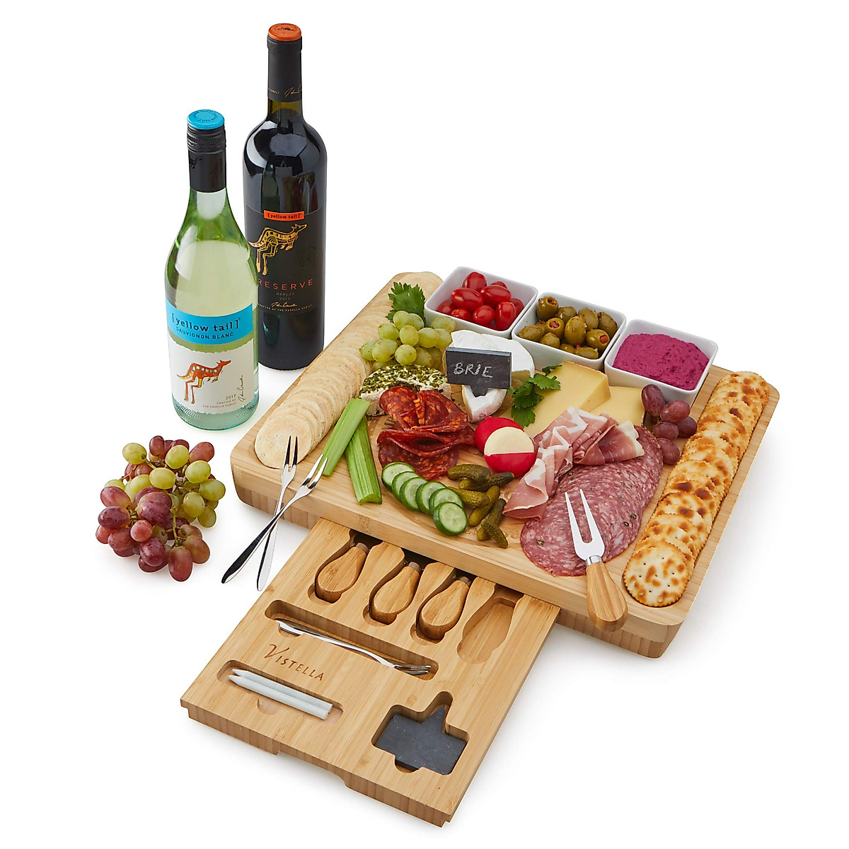 Vistella Charcuterie Cheese Board - Natural Bamboo Platter with drawer and Ceramic Bowls - Knives and Forks Set with Chalk Signs - Thicker Wider and Modern